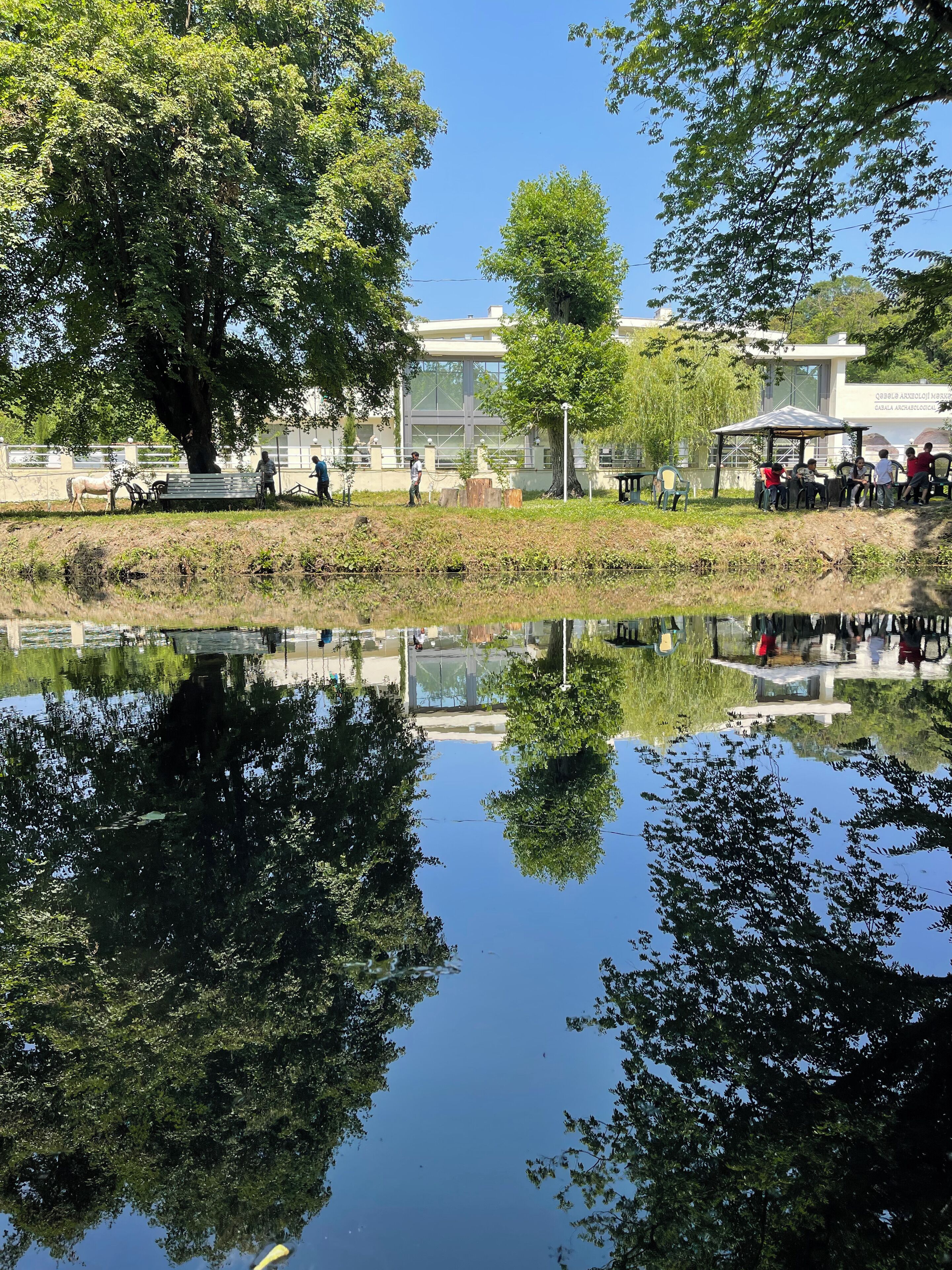 Um parque tranquilo com lago refletindo árvores e um edifício ao fundo.