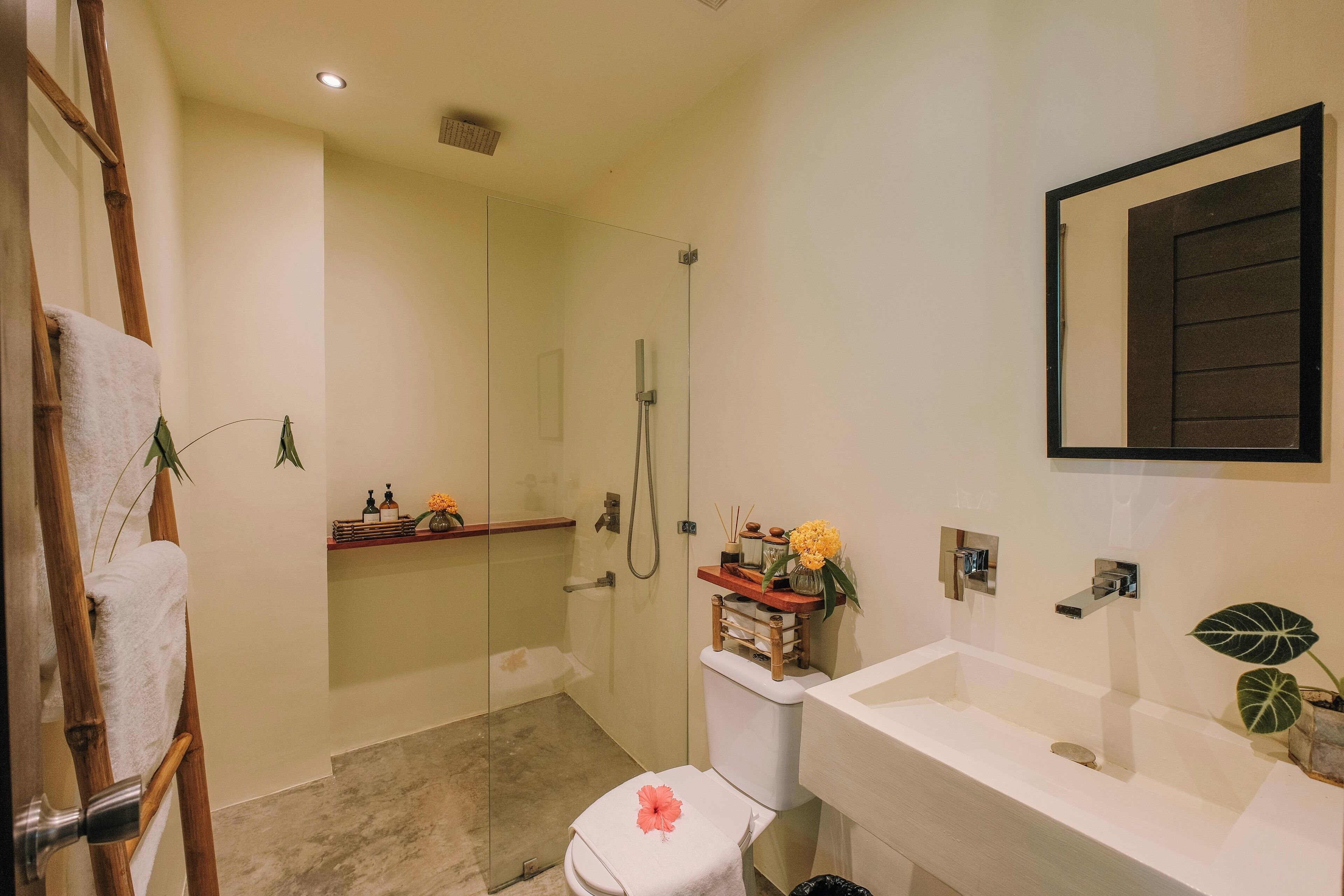 Chuveiro, toalhas de banho, sabonete, shampoo