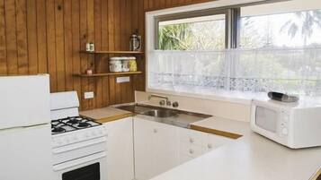 Um frigorífico/congelador grande, um micro-ondas, um forno