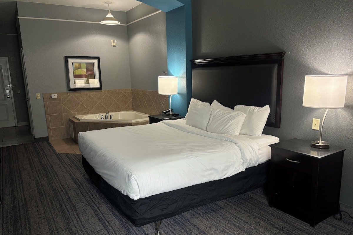 Quarto de hotel com uma cama grande, mesa de cabeceira com abajur, banheiro com banheira e um quadro na parede.