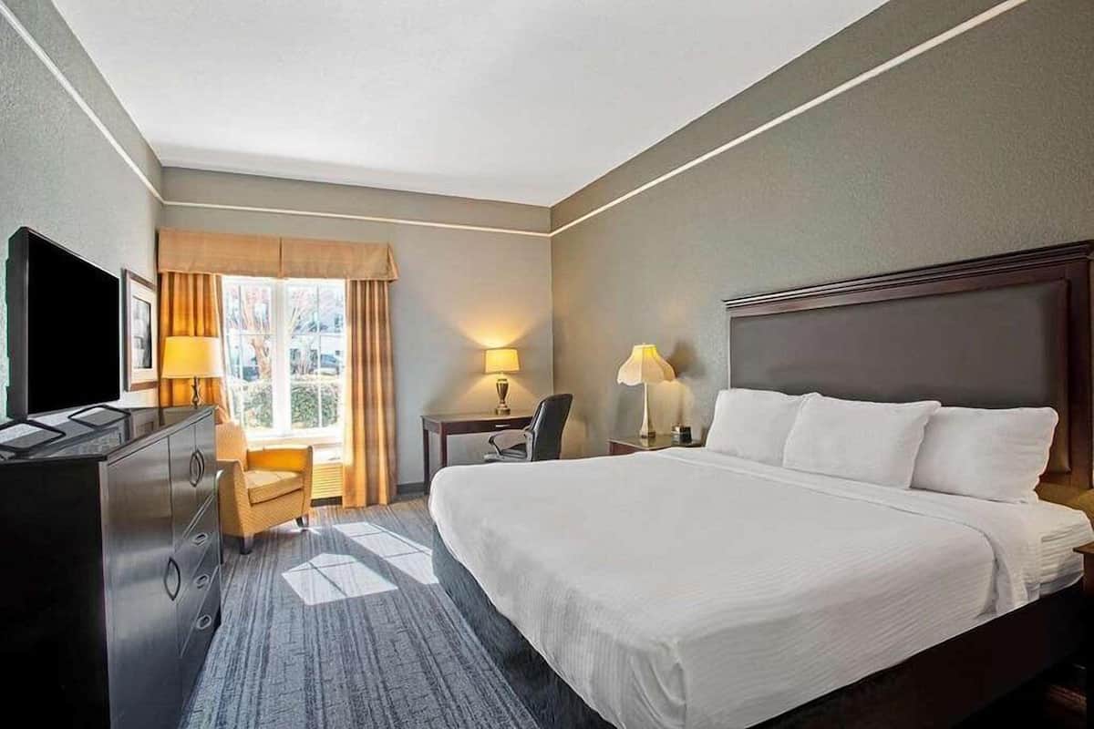 Quarto de hotel com uma cama grande, uma escrivaninha com cadeira, uma televisão e duas luminárias de cabeceira.