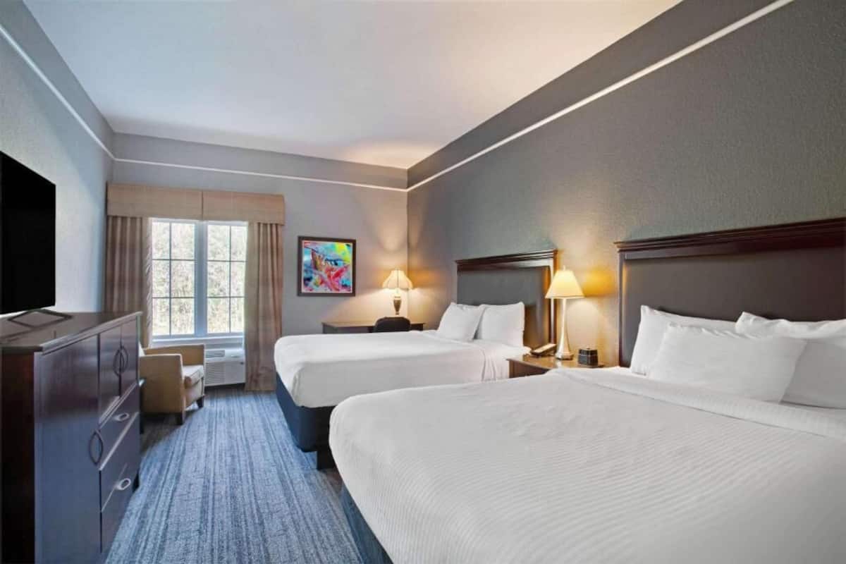 Quarto de hotel com duas camas, cômoda, televisão, janela com cortinas e um quadro na parede.