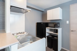 Um frigorífico/congelador grande, um micro-ondas, uma placa de cozinha