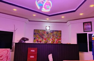 Um quarto com luminária no teto, um quadro, uma escultura e uma placa com a palavra 'SOFIEBRA'.