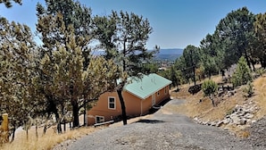 Uma casa de dois andares com telhado verde, cercada por árvores e uma entrada com calçamento de brita.