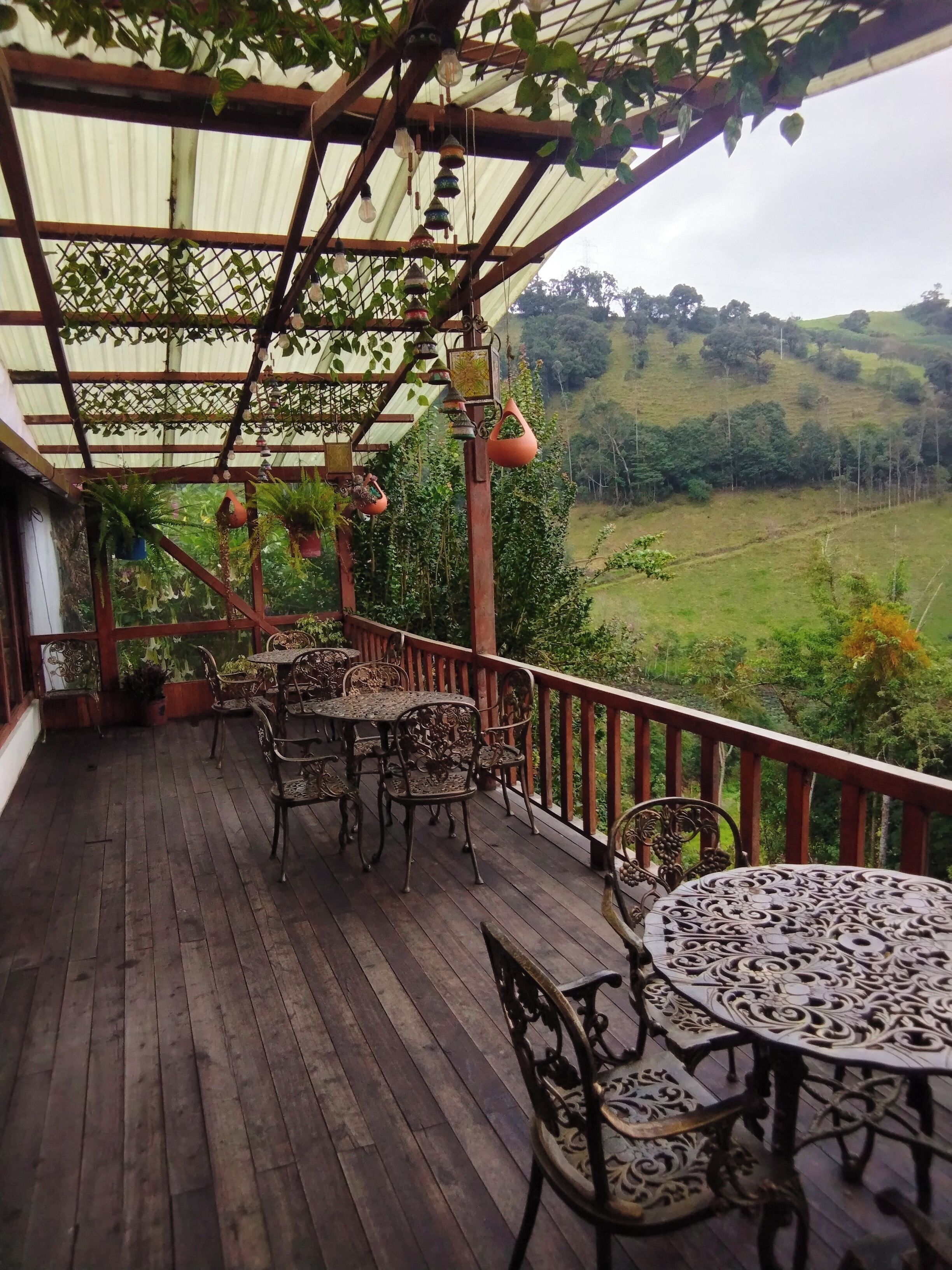 Um deck de madeira com mesas e cadeiras de metal, plantas em vasos e luminárias pendentes.