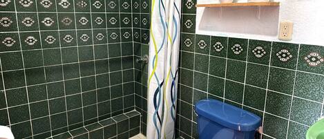 Casa de banho com azulejos verdes estampados, cortina de chuveiro, sanita e uma prateleira com uma planta, e um aviso a proibir o descarte de papel.