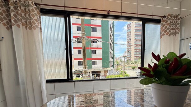 Uma cozinha com bancada de granito, uma planta em vaso e janela com vista para edifícios.