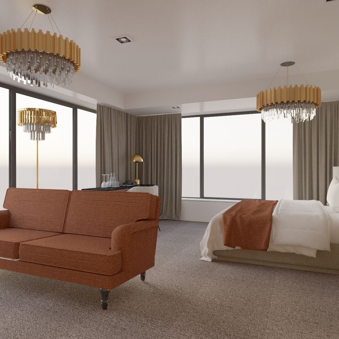 Quarto de hotel moderno com um sofá marrom, uma cama com lençóis brancos e duas luminárias de cristal.