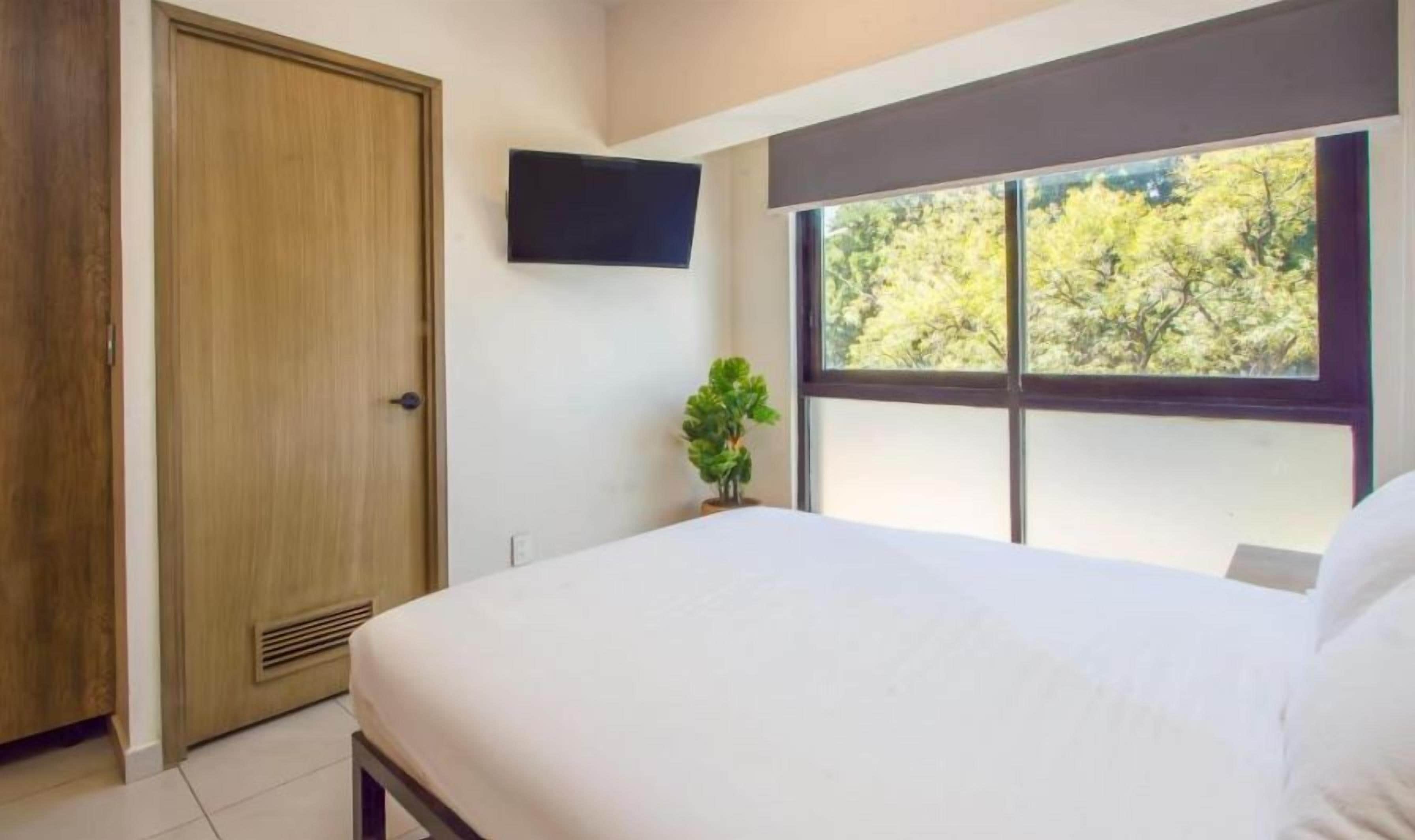 Quarto com cama, televisão fixada na parede, janela com vista para árvores e porta.