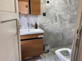 Secador de cabelo, toalhas de banho, sabonete, shampoo