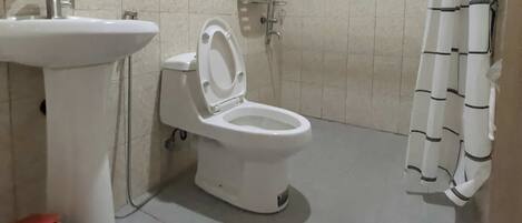 Casa de banho com sanita branca, lavatório e chuveiro.