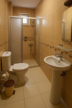 Chuveiro, secador de cabelo, sabonete, shampoo