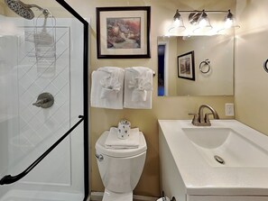 Casa de banho com chuveiro, sanita, lavatório e duas imagens emolduradas na parede.