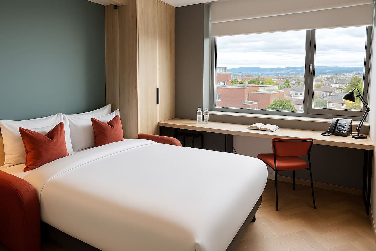 Quarto de hotel com uma cama grande, uma escrivaninha com cadeira, telefone e janela com vista para a cidade.