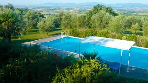 Piscina retangular com cobertura transparente, rodeada por vegetação exuberante e árvores, com vista para colinas ao longe.