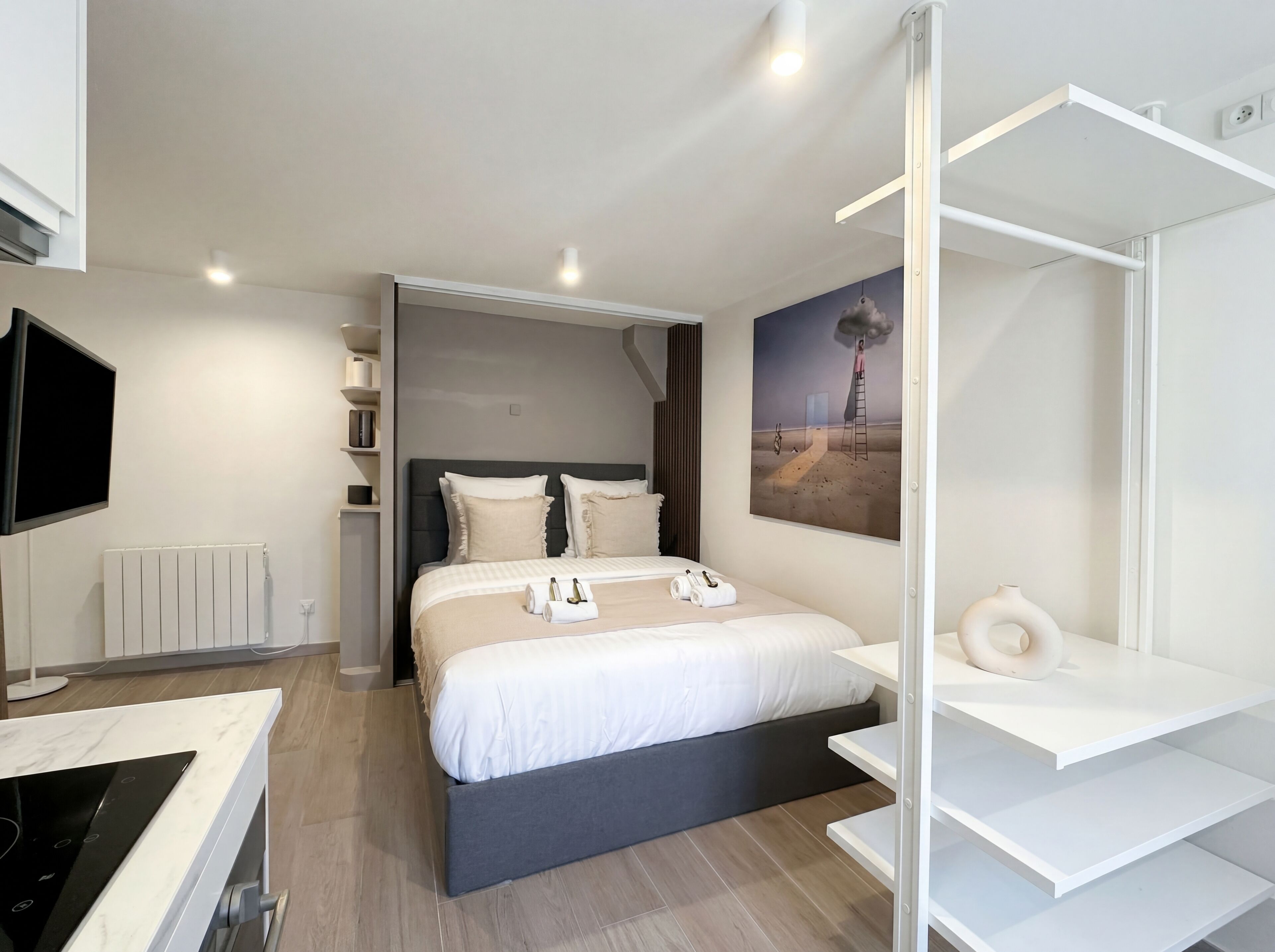 Quarto de hotel moderno com uma cama, televisão, radiador, pintura e uma estante branca.