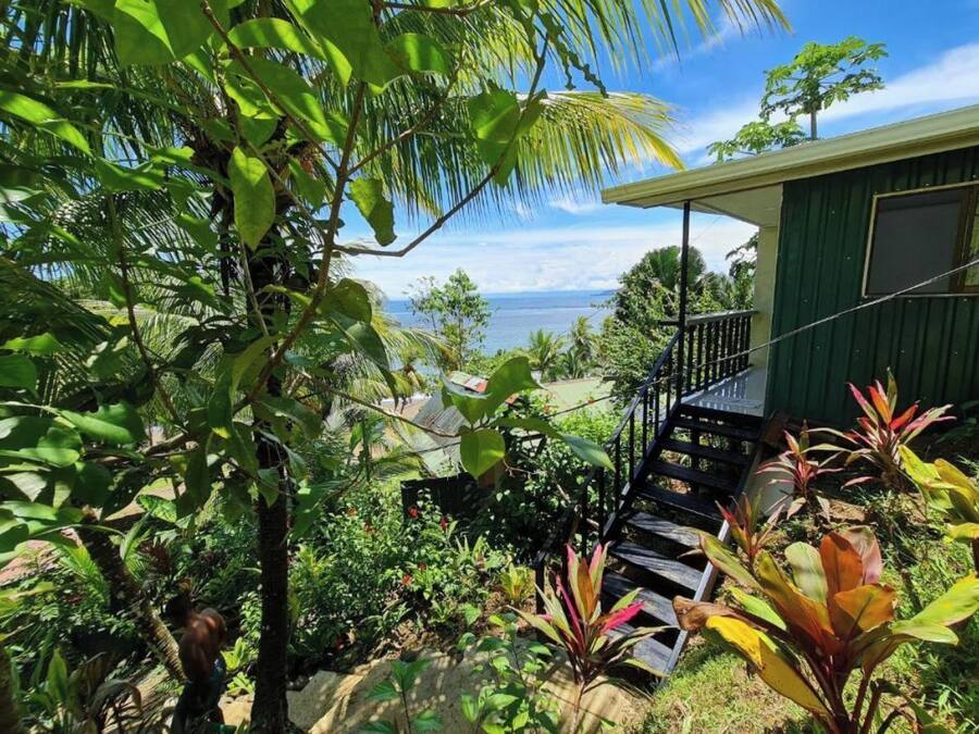 Uma casa com escadaria que dá para uma varanda com vista para um jardim exuberante e um corpo de água.