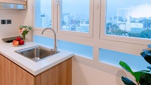 Uma cozinha moderna com pia de aço inoxidável, armários de madeira, janela com vista para a cidade e um vaso de planta.