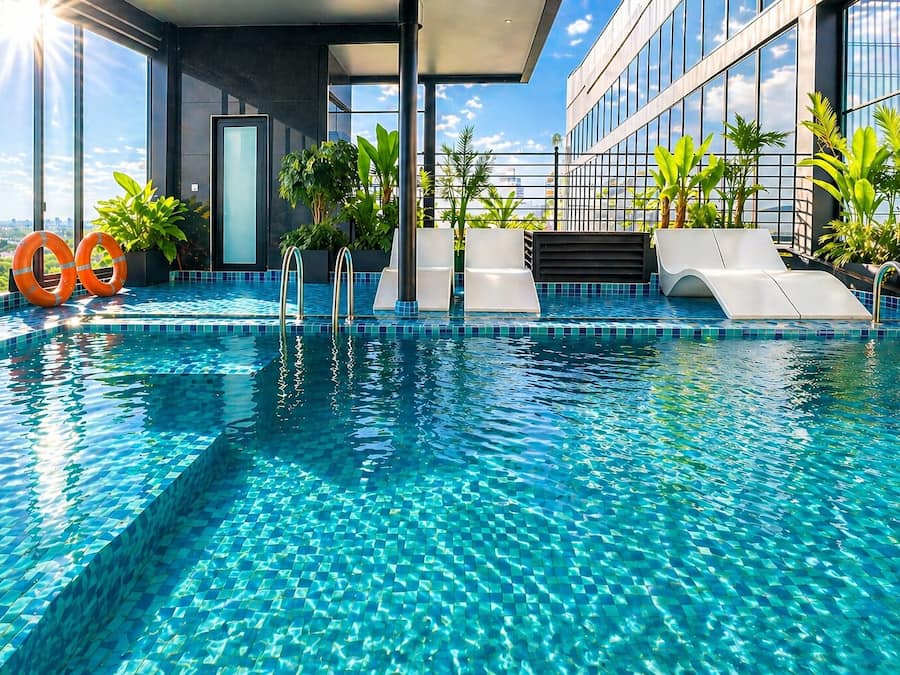 Piscina exterior, guarda-sóis, espreguiçadeiras