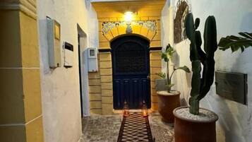 Um beco estreito com piso de azulejos, uma porta escura no final e plantas em vasos ao longo das paredes.