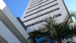 Um edifício alto e moderno com fachada de vidro e uma palmeira em primeiro plano.