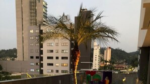 Terraço no telhado com uma palmeira, um vaso de concreto e uma área de recreação com estruturas coloridas.