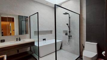 Uma casa de banho moderna com um claraboia, uma banheira, um chuveiro e uma sanita.