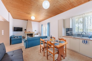 Casa família, 2 quartos (To Pournari Beachside Garden House) | Sala de estar | Lareira