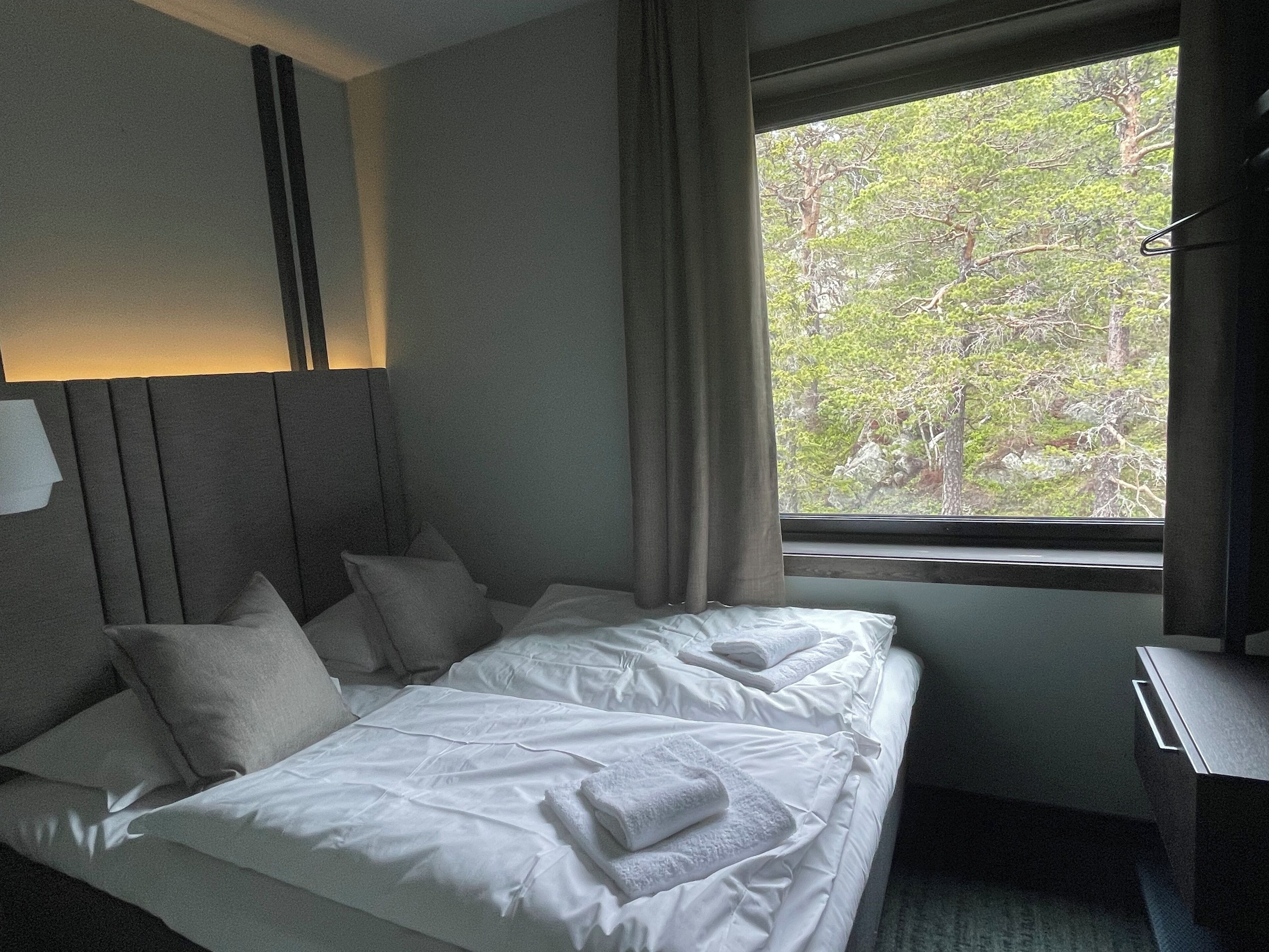 Quarto de hotel com cama, escrivaninha e janela com vista para árvores.