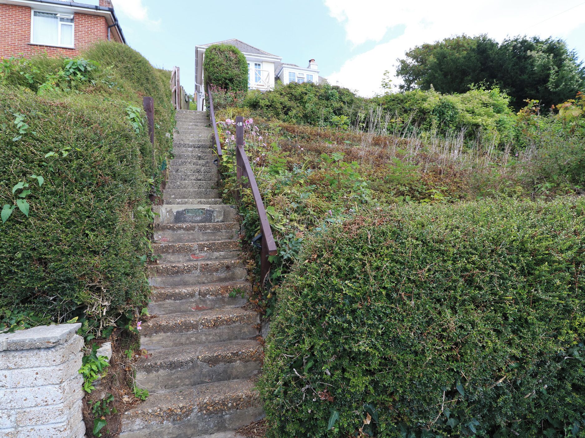 Uma escadaria de pedra serpenteia subindo uma colina, cercada por vegetação densa e com uma casa ao fundo.