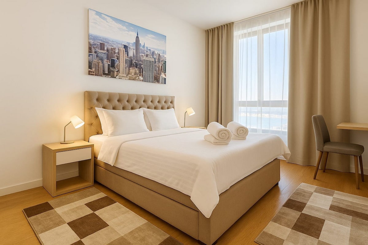 Quarto de hotel com uma cama grande, uma mesa de cabeceira, uma cadeira, uma escrivaninha e uma pintura com vista para a cidade na parede.
