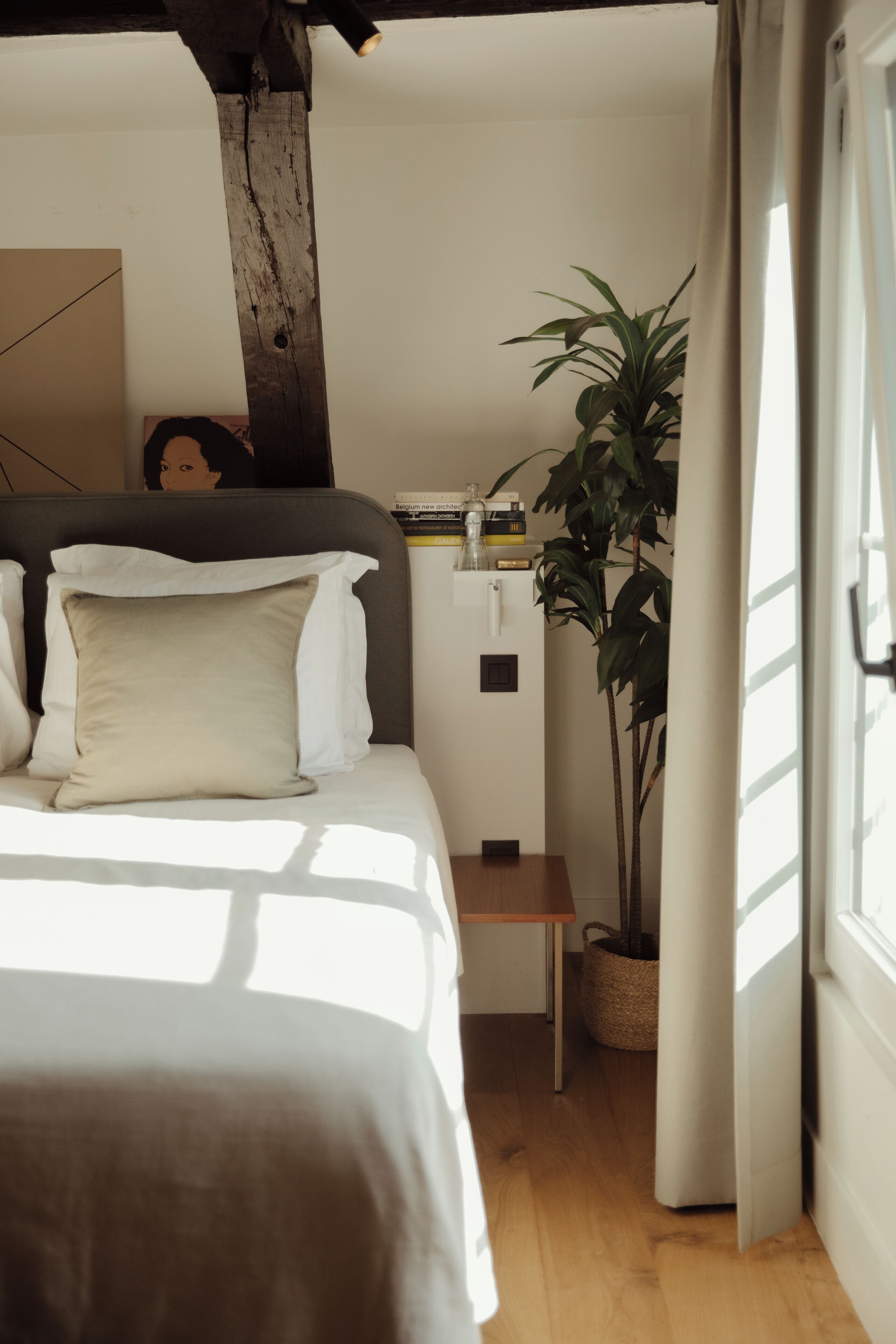 Quarto com cama, mesa de cabeceira, planta em vaso e janela com cortinas.