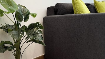 Quarto com sofá cinzento, planta em vaso e quadros na parede.