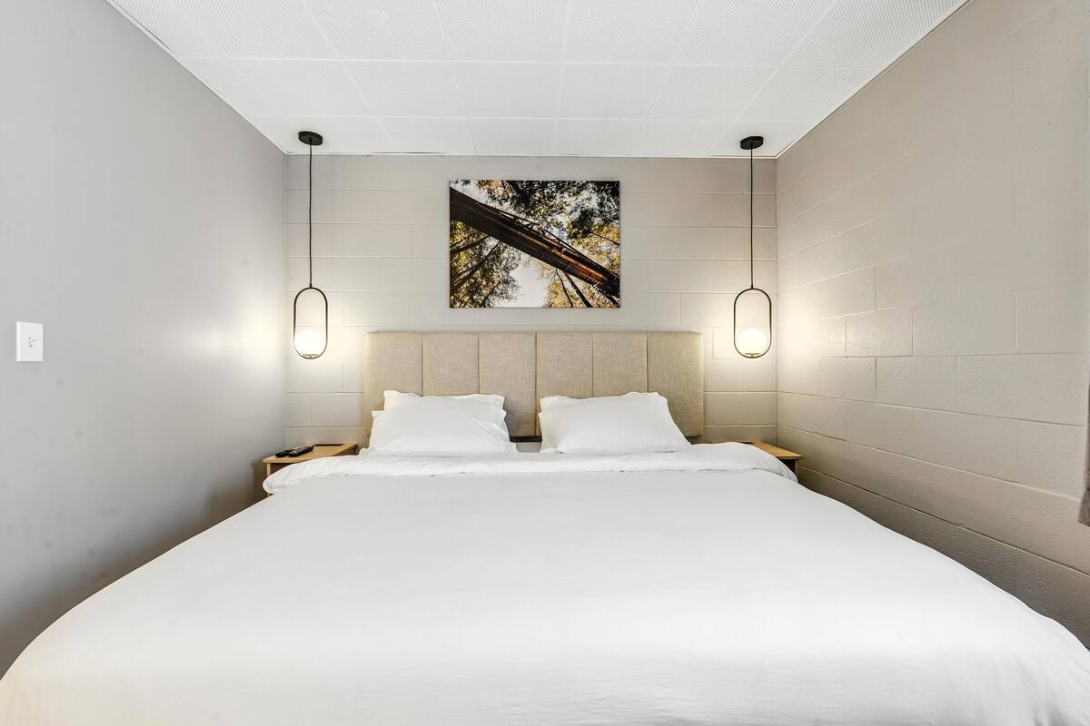 Quarto de hotel moderno com uma cama grande, duas mesas de cabeceira, cabeceira com prateleira embutida e uma moldura com imagem na parede.