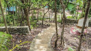 Um caminho de concreto ladeado por folhagem densa e árvores.