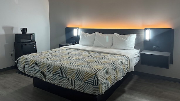 Quarto de hotel com cama, televisão, micro-ondas e pequeno frigorífico.