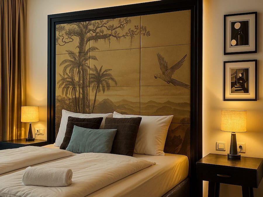 Quarto de hotel com uma cama grande, duas mesas de cabeceira e um criado-mudo, além de uma parede com obras de arte.