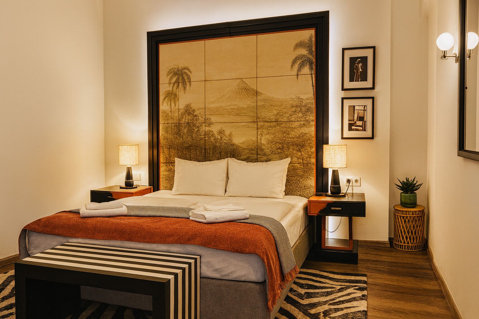 Quarto de hotel com uma cama grande, duas mesas de cabeceira com luminárias, uma mesinha lateral com uma planta e um quadro na parede.