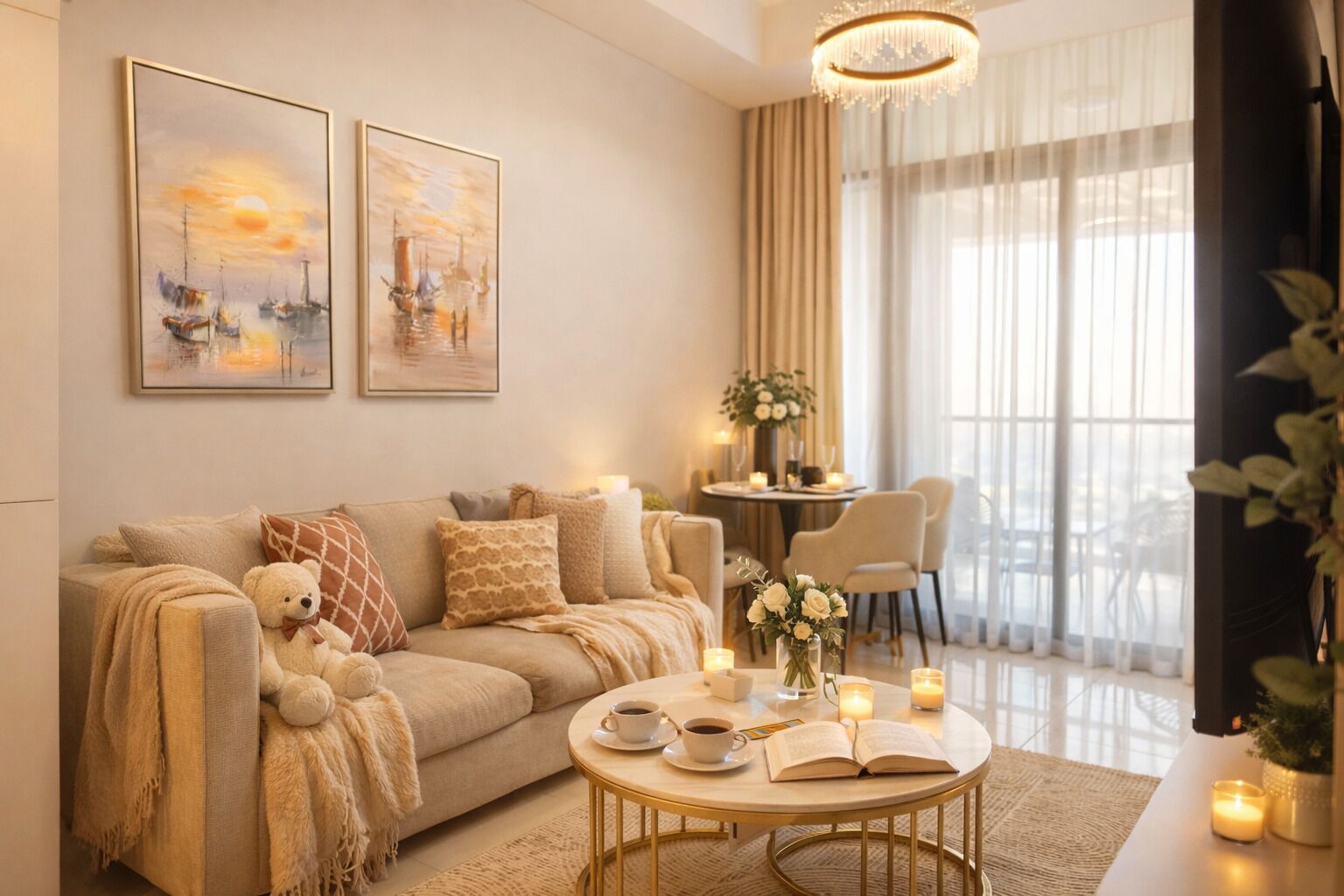 Apartamento luxo, sacada, vista para a cidade | Área de estar | Smart TV 50 cm com canais a cabo