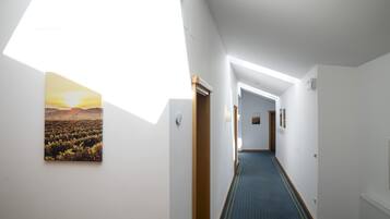 Um corredor de hotel com claraboia, piso coberto de carpete e um quadro emoldurado na parede.