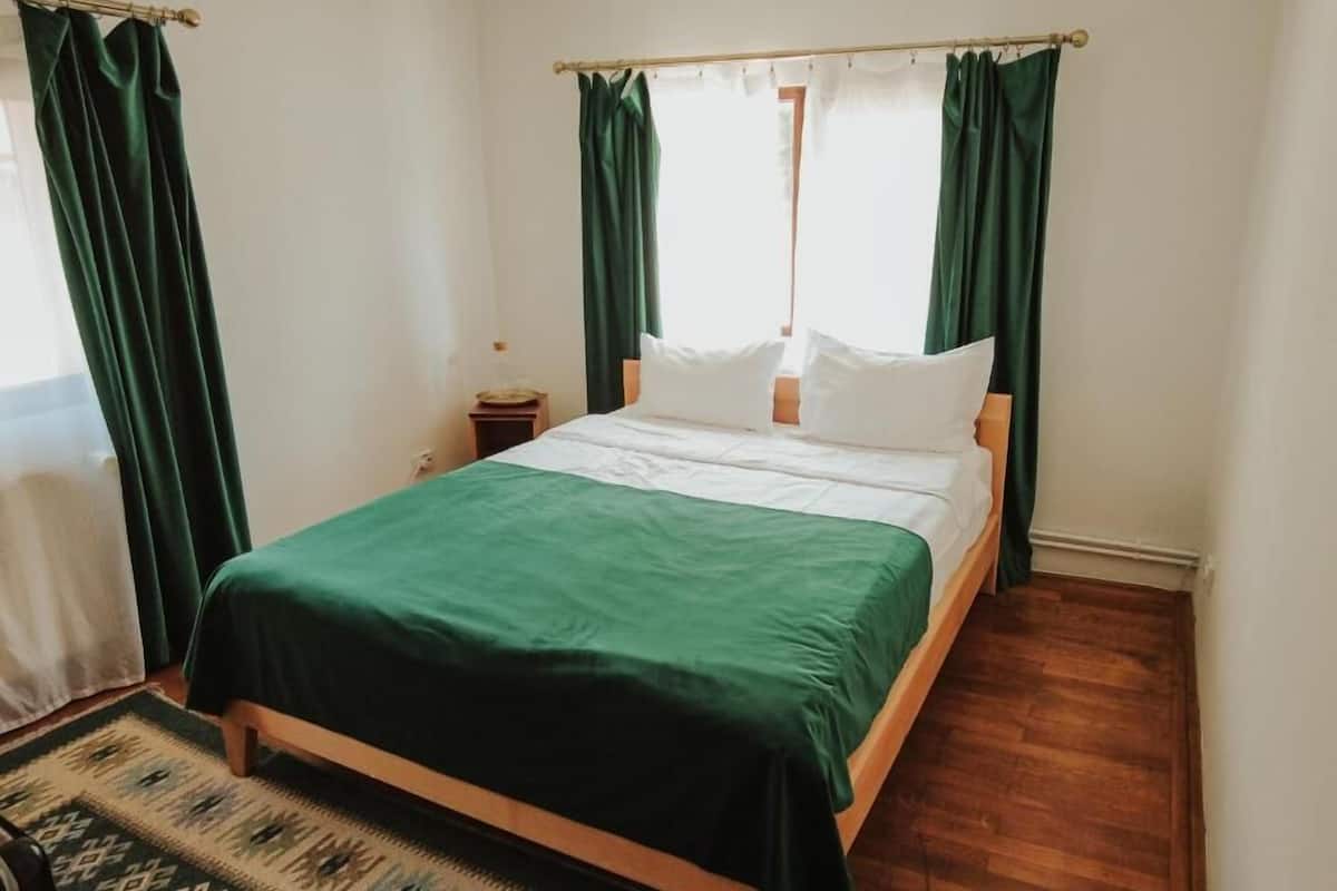 Cama bem arrumada com colcha verde e almofadas brancas, mesa de cabeceira de madeira com abajur e tapete estampado sobre piso de madeira.