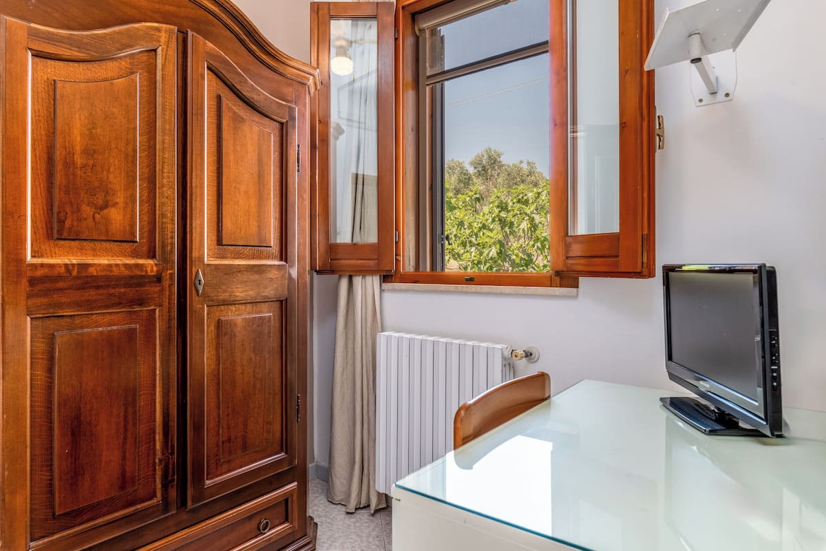 Quarto com guarda-roupa de madeira, janela com vista para o verde, radiador e televisão sobre uma mesa de vidro.