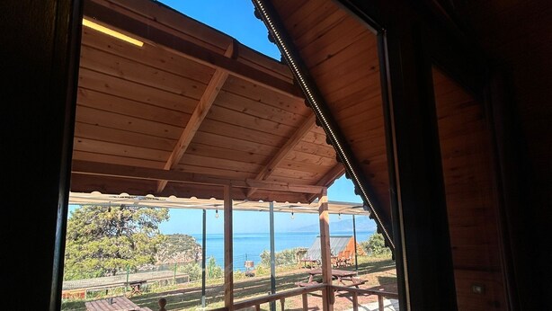 Um deck de madeira com vista para o mar e árvores.