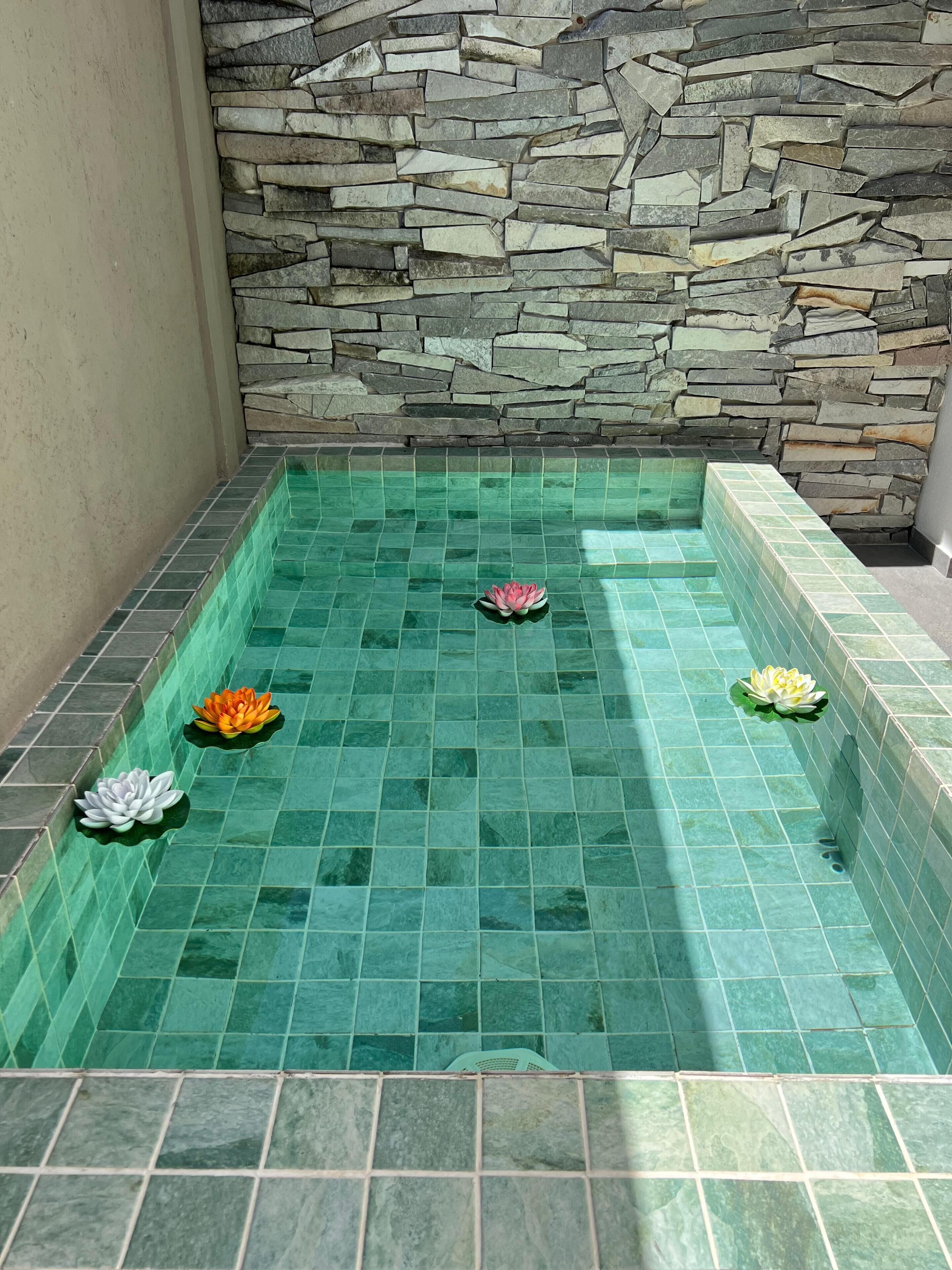 Piscina retangular com azulejos verdes e três flores de lótus.