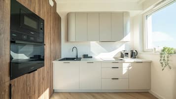 Apartament (101) | Cozinha privada | Um frigorífico, uma placa de cozinha, uma chaleira elétrica