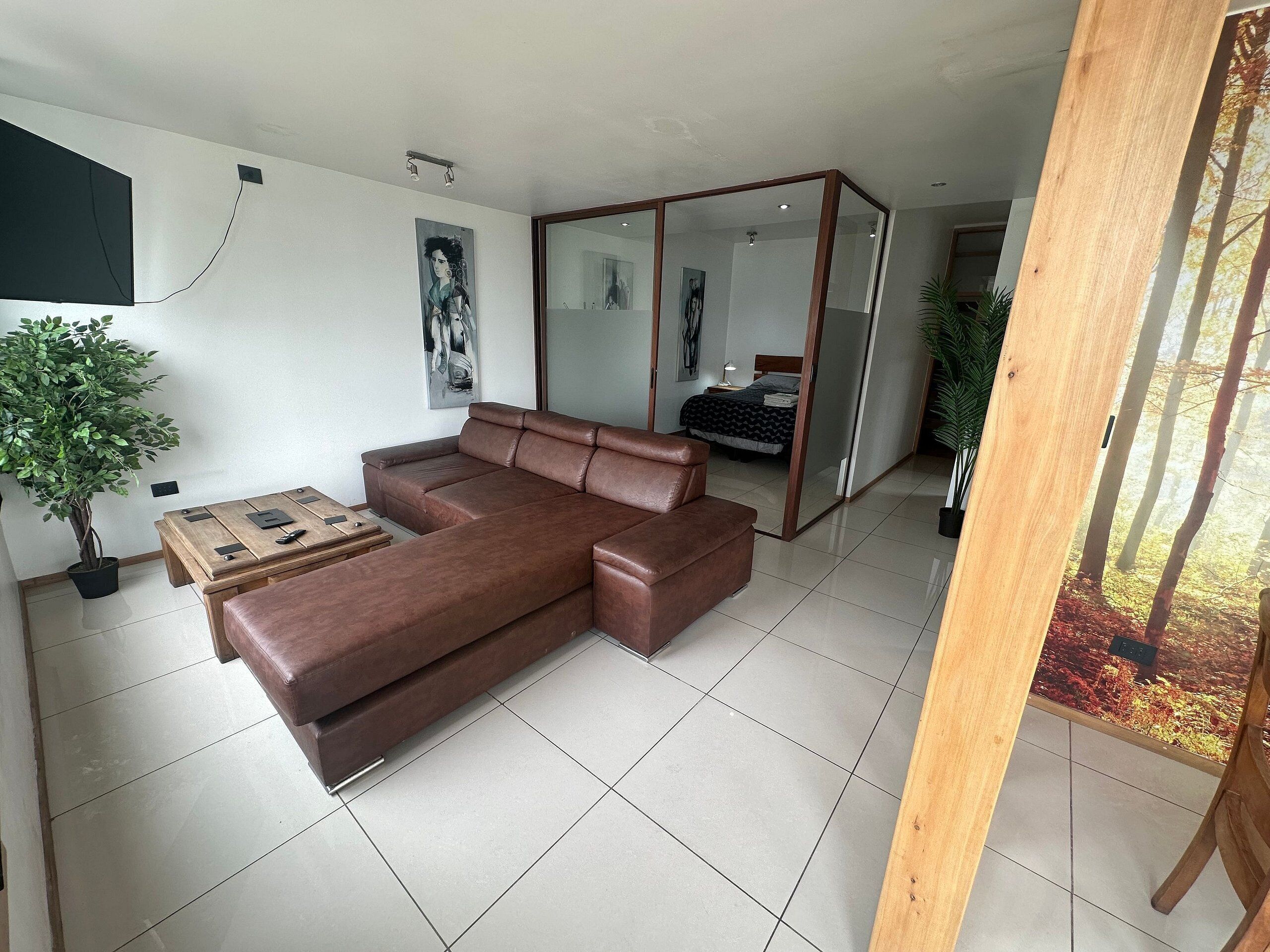 Uma sala de estar moderna com um sofá seccional marrom, uma pequena mesa de centro de madeira e uma planta em vaso.