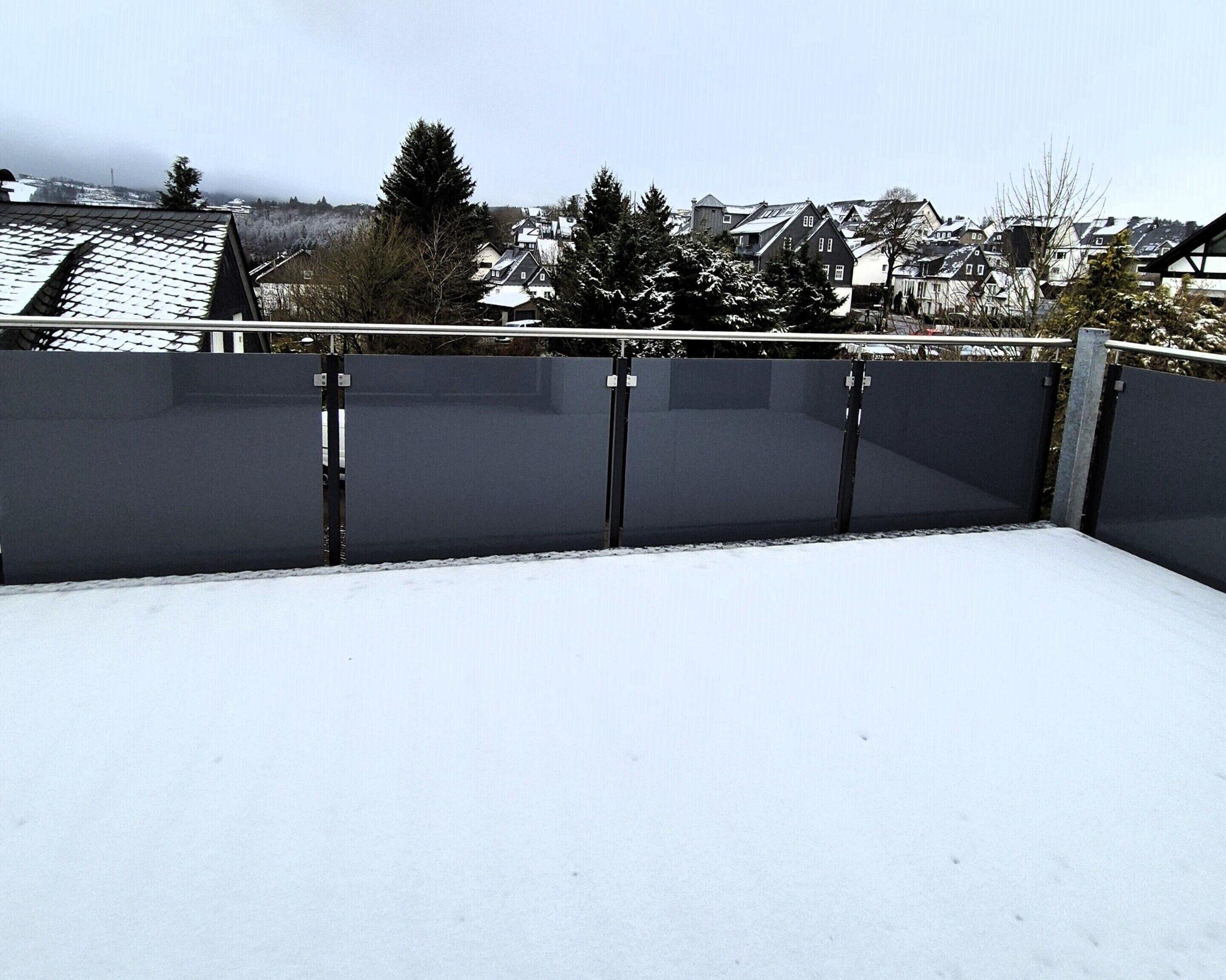 Telhado coberto de neve com guarda-corrimão de metal, com vista para área residencial com casas e árvores.