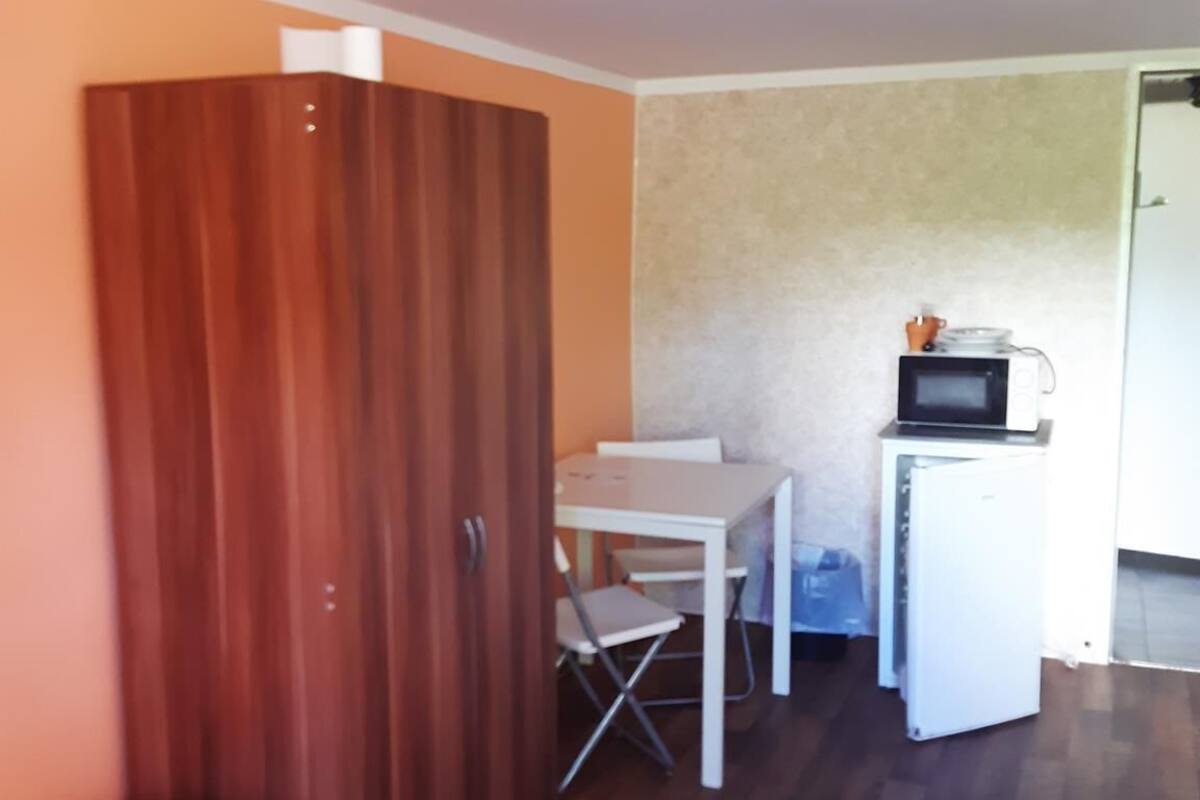 Quarto com guarda-roupa de madeira, uma cama, pequena escrivaninha com cadeira, micro-ondas e frigorífico.