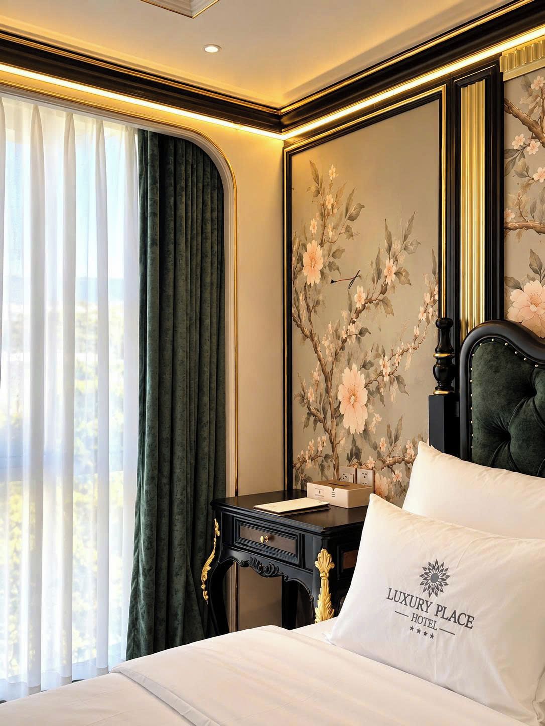 Quarto de hotel com cama, mesa de cabeceira, parede com papel de parede floral e janela com cortinas.